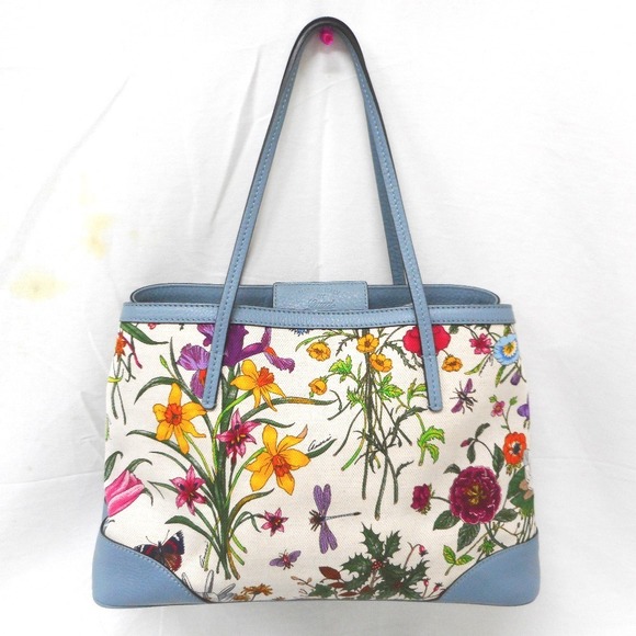 Gucci | Bags | Gucci Flora Canvas Leather Tote Bag Blue | Poshmark